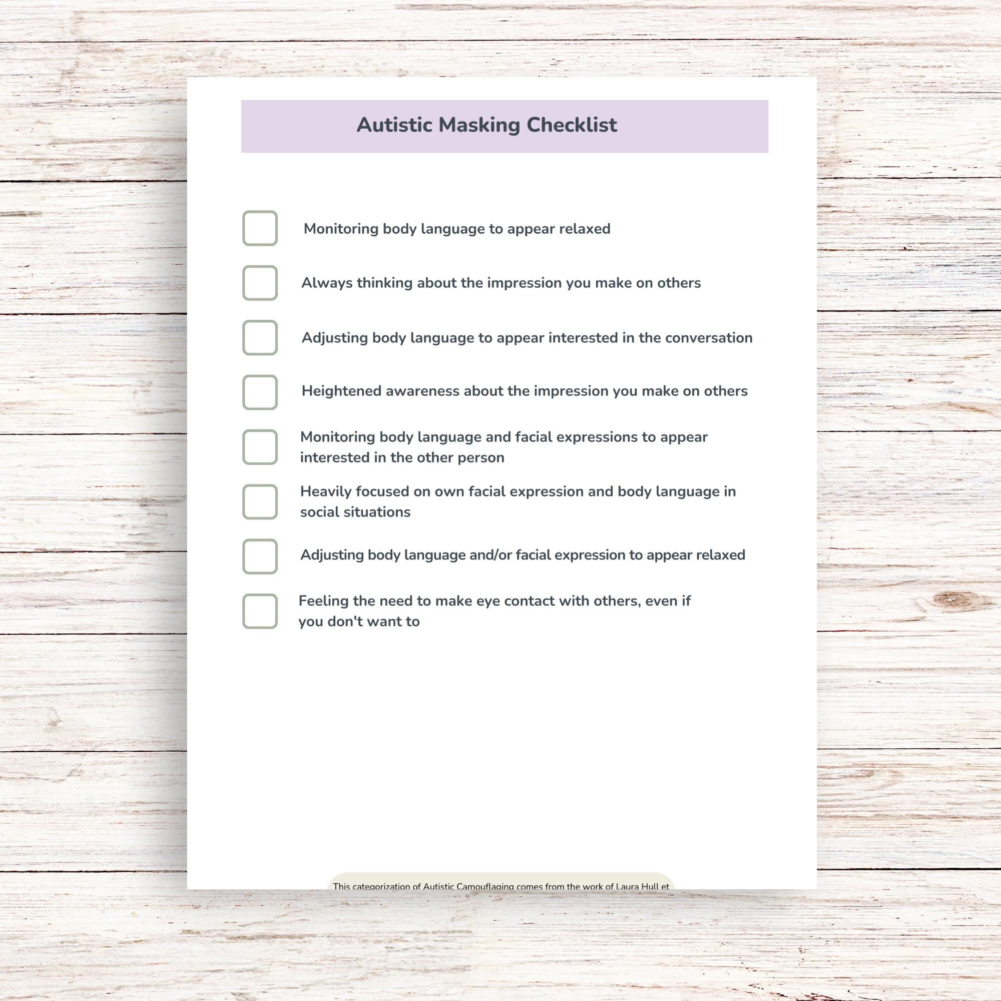 Autism Masking Checklist, Autism Resources & Printable Worksheets, 3 ...