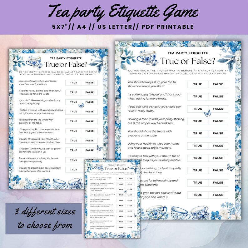 Tea Party Etiquette Game, Printable Trivia (PDF) - Etsy