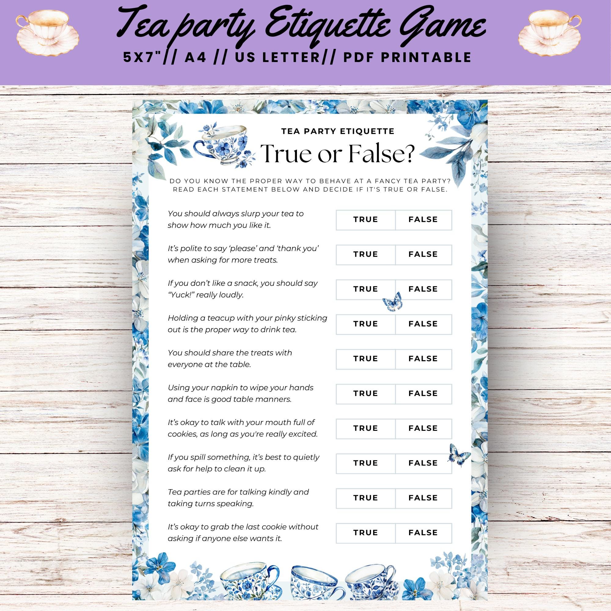 Tea Party Etiquette Game, Printable Trivia (PDF) - Etsy