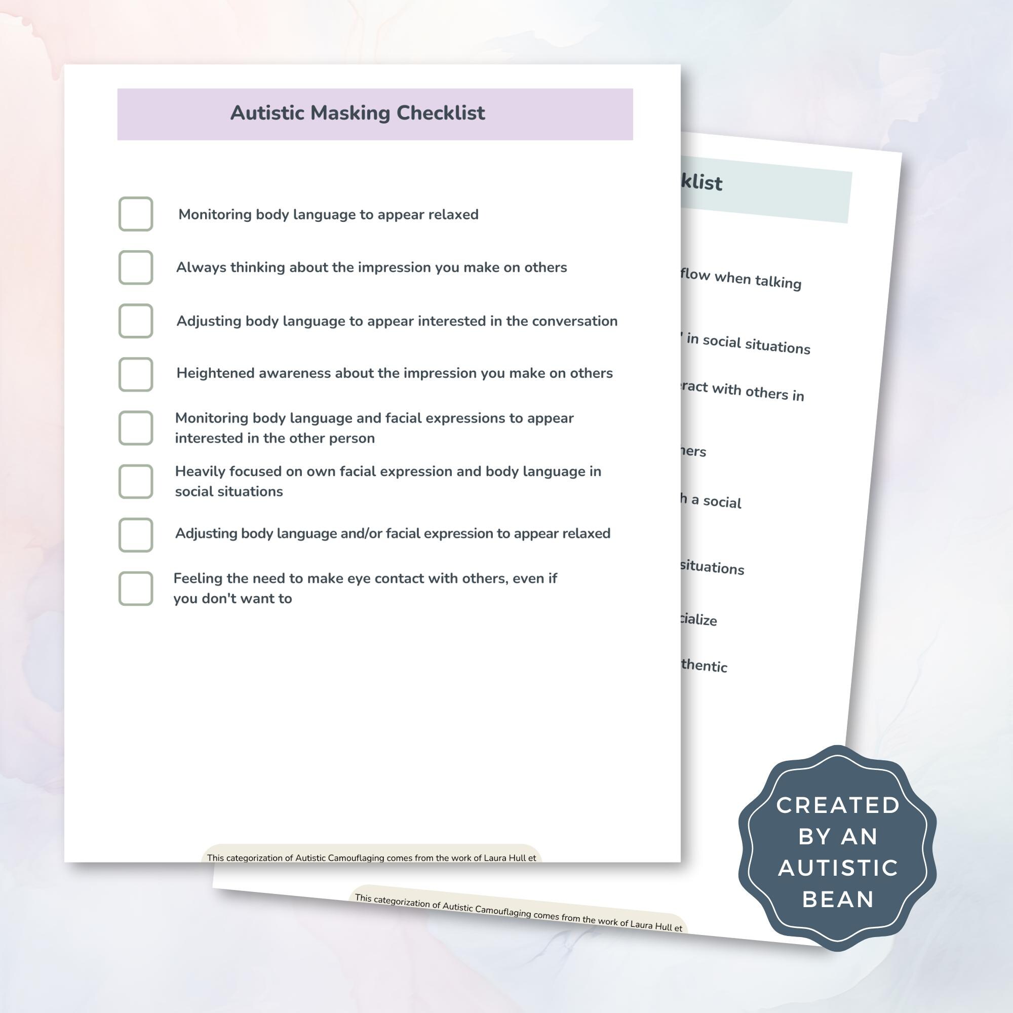 Autism Masking Checklist, Autism Resources & Printable Worksheets, 3 ...