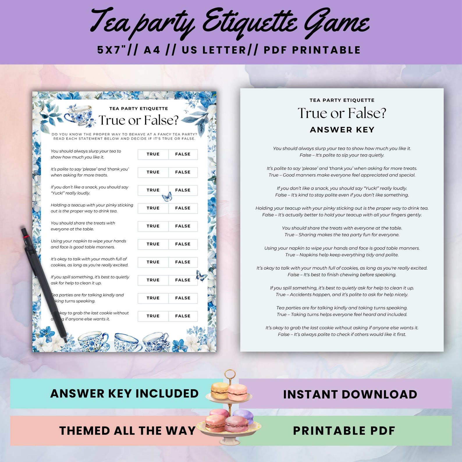 Tea Party Etiquette Game, Printable Trivia (PDF) - Etsy