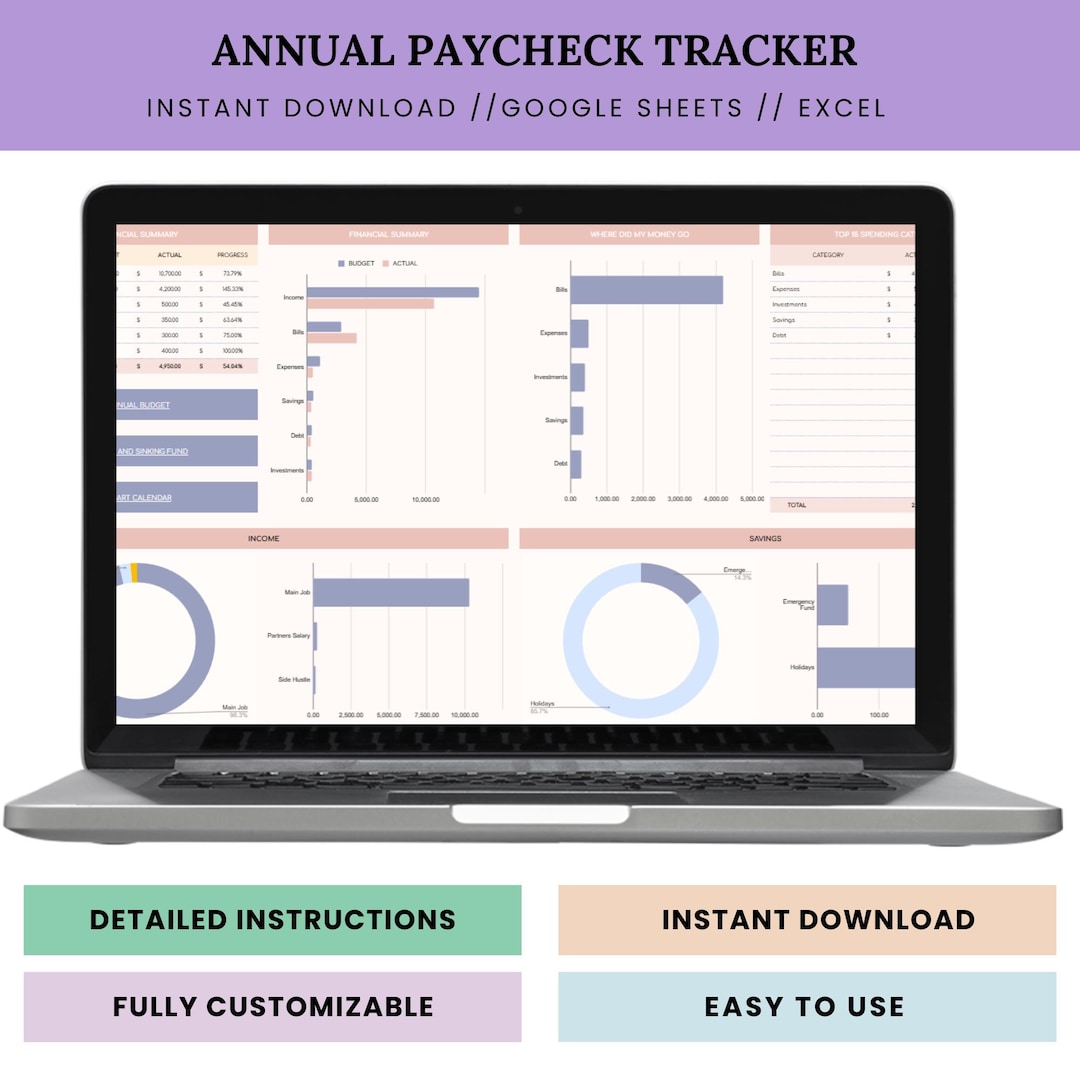 Paycheck Tracker Spreadsheet, Annual Income Planner, Paycheck Budget ...