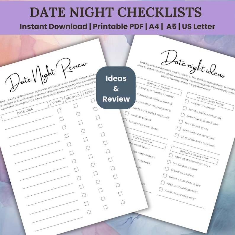 Printable Date Night Checklist and Ideas, Digital Download, A4, A5 ...