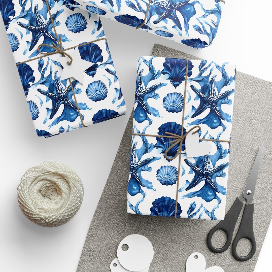Coastal Wrapping Papers, Blue Starfish and Shells Gift Wrap, Nautical ...