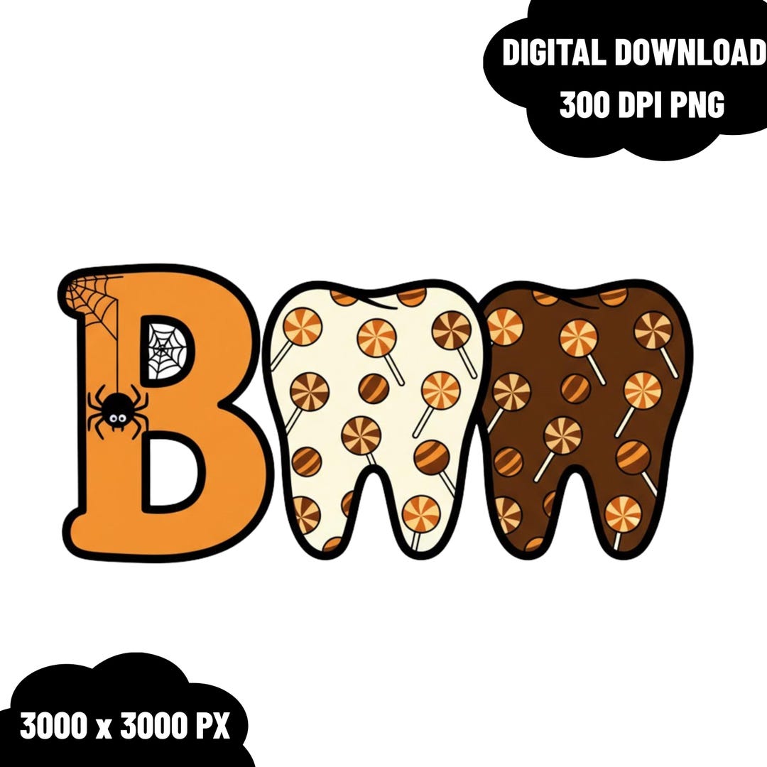 Cute Dental Halloween PNG Boo Tooth Design Candy Spider Web Bat Funny ...