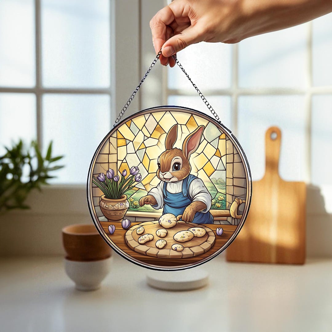 Bunny Baking Glass Suncatcher, Rabbit Rolling Dough Window Hanging ...