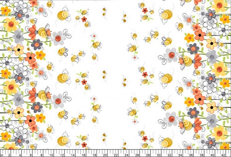 Sweet Bees Border Print Honey Bee and Flowers Cotton Quilt Fabric by ...