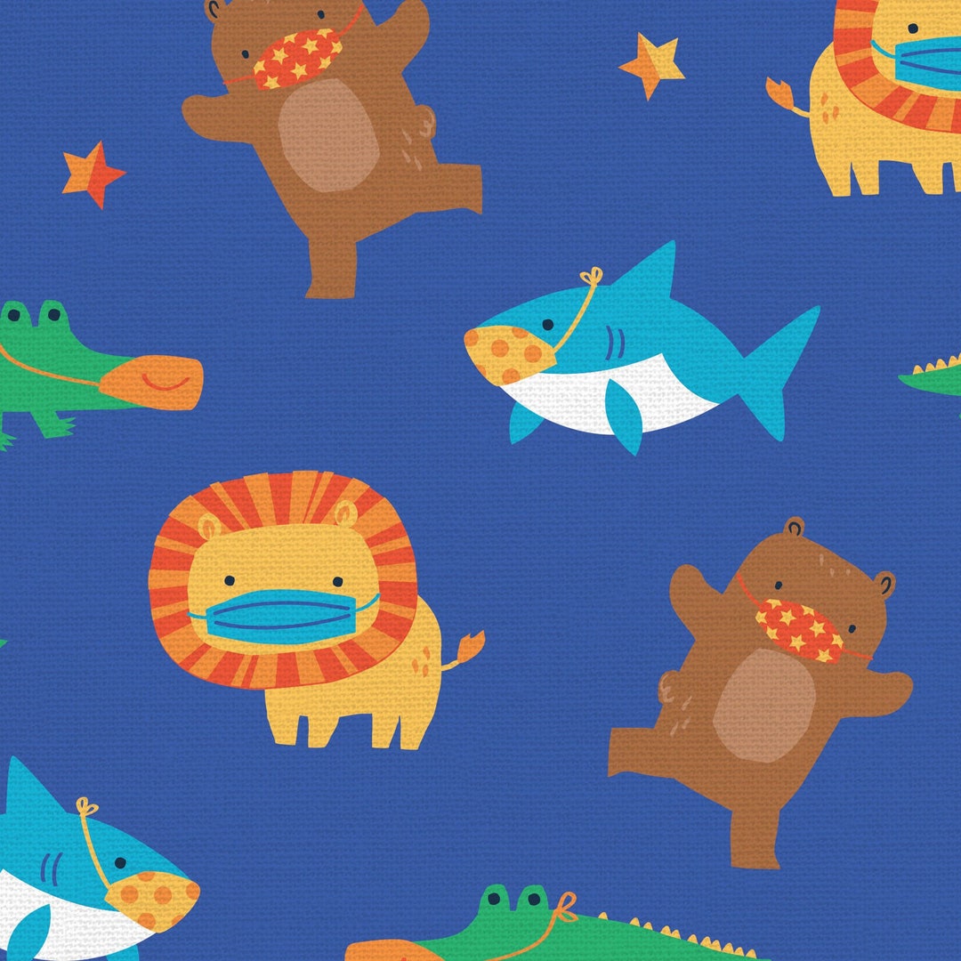 CLEARANCE!! Zoo Animal Fabric - Kid’s Mask Fabric - Mask Up! Blue - 100 ...