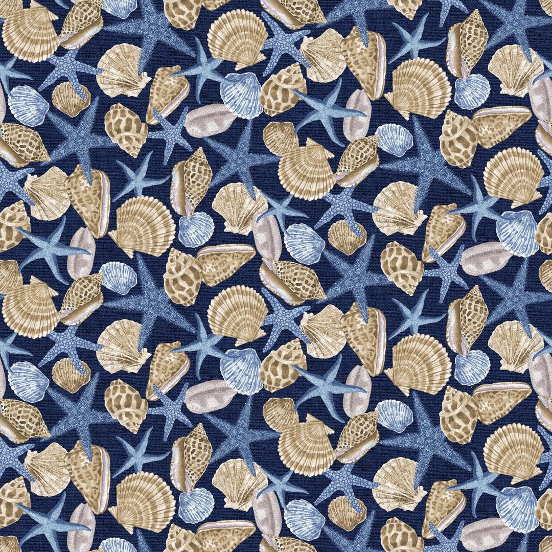 Cobalt Seas Packed Shells Cotton Fabric by Henry Glass - Seashell ...