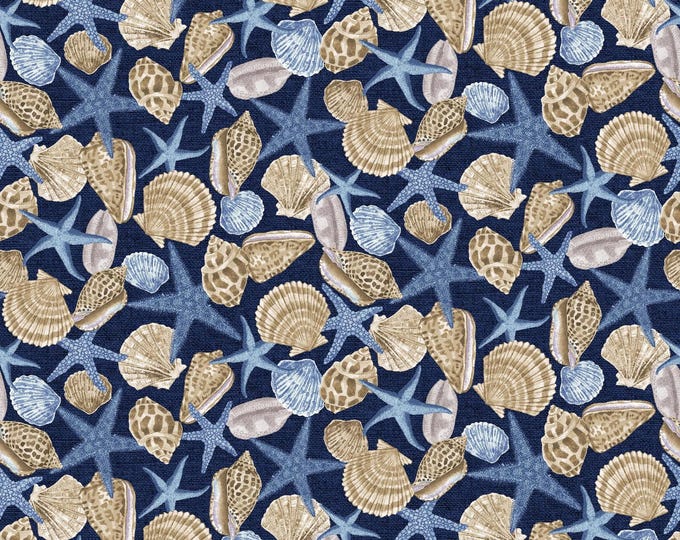 Cobalt Seas Packed Shells Cotton Fabric by Henry Glass - Seashell ...
