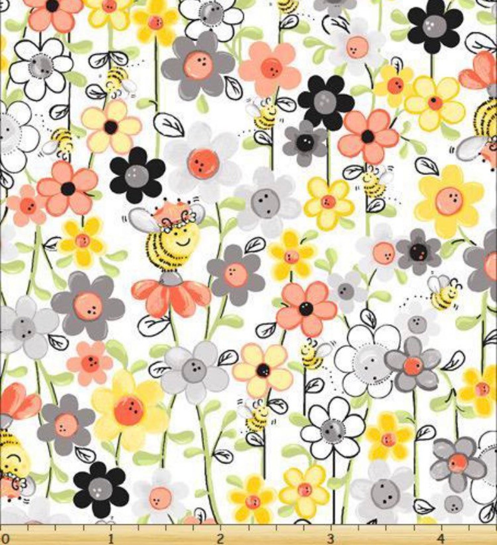 Sweet Bees Honey Bee and Flowers Cotton Quilt Fabric by World of ...
