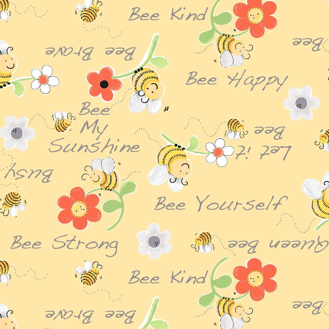 Sweet Bees Honey Bee Words and Flowers Cotton Quilt Fabric by World of ...