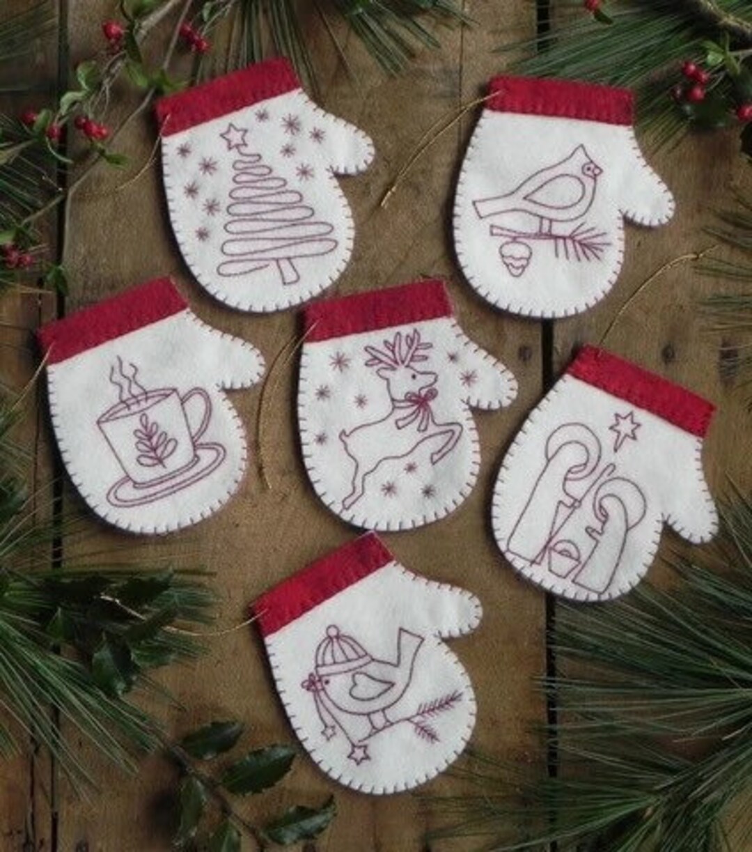 Christmas Ornament Kit - Redwork Mittens Craft Kit DIY - Pattern AND ...