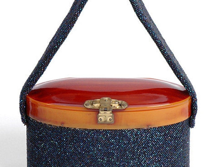 1940s Vintage Bakelite Beaded Box Purse * Blue Iridescent Beads * Brass ...
