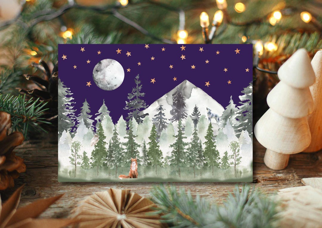 Printable 5x7 Holiday Card | Watercolor Forest Scene | Instant Download ...