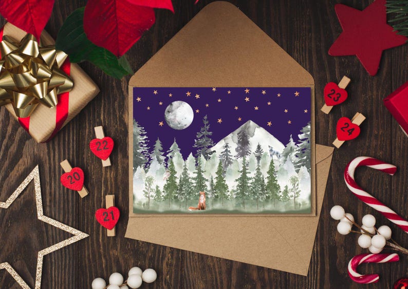 Printable 5x7 Holiday Card | Watercolor Forest Scene | Instant Download ...