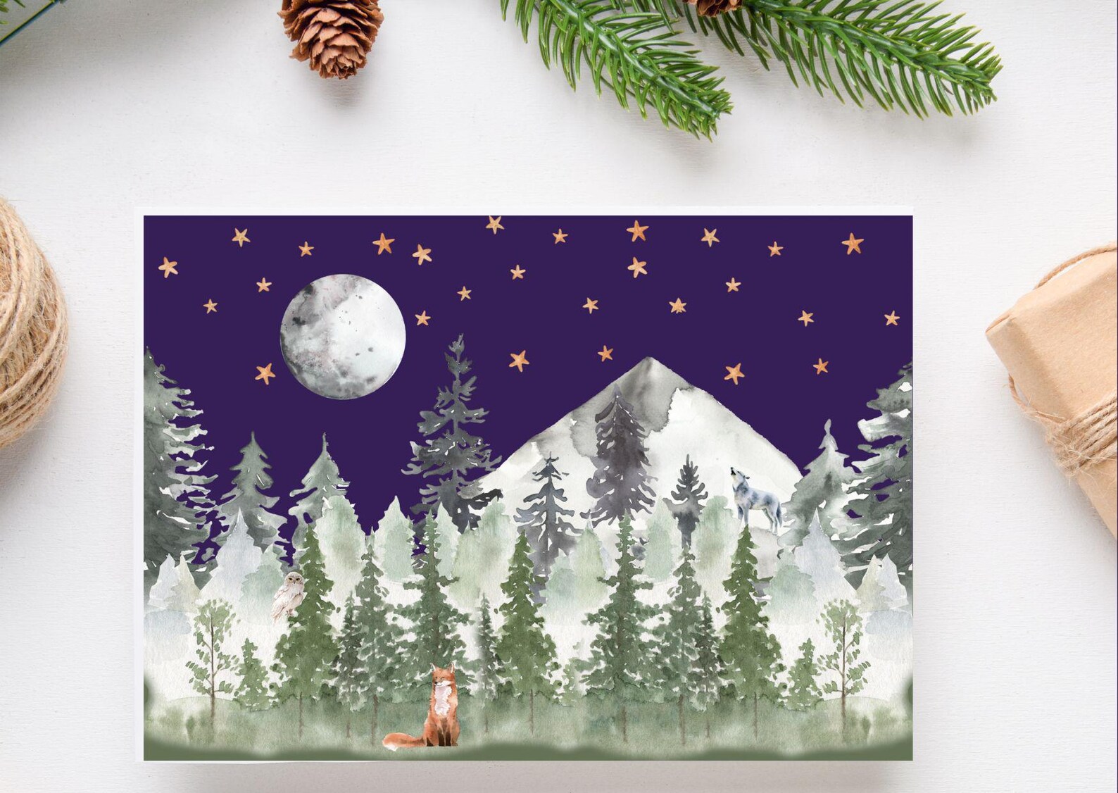 Printable 5x7 Holiday Card | Watercolor Forest Scene | Instant Download ...