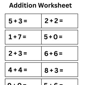 Addition Worksheets, 5 Printable Sheets for Kindergarten-1st Grade-2nd ...
