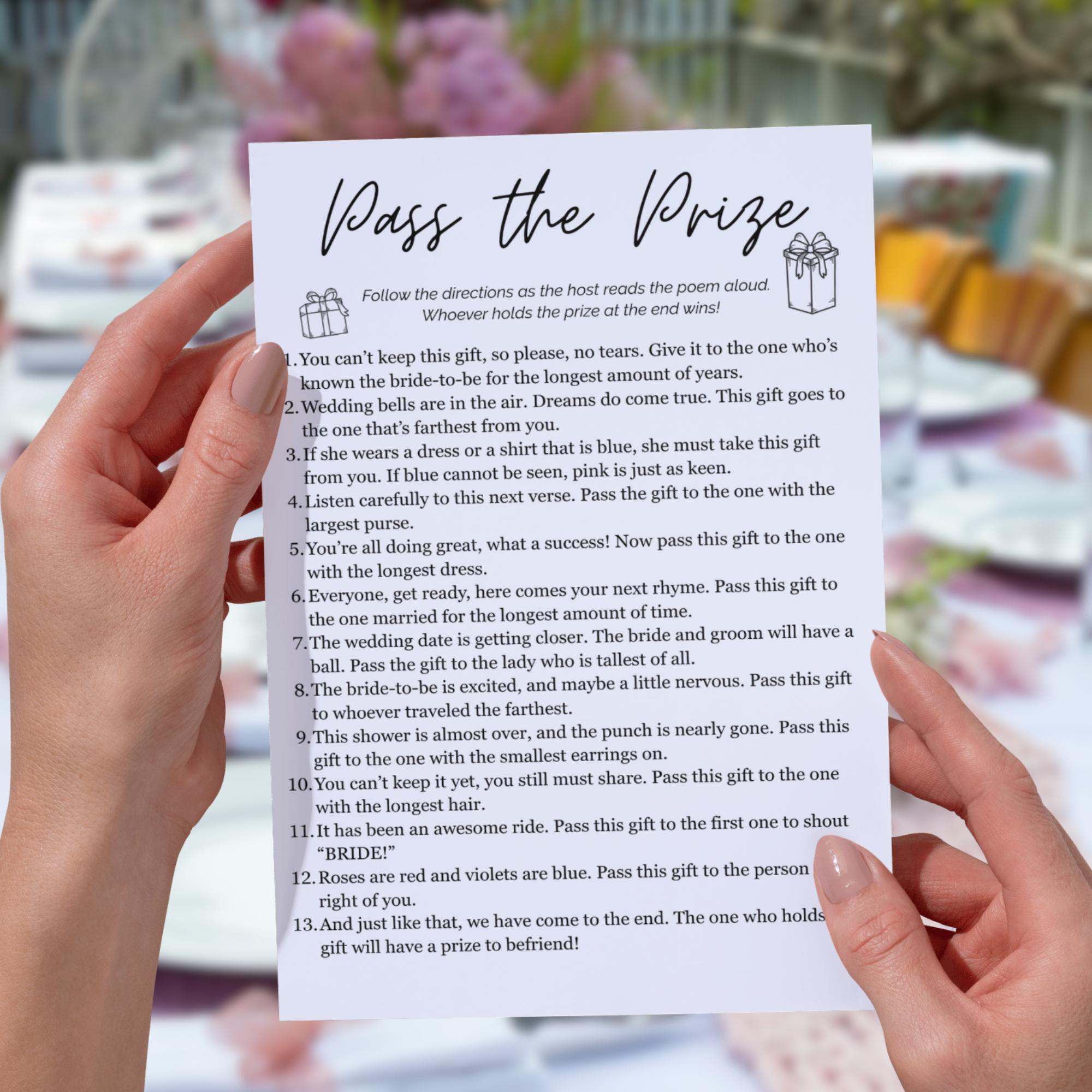 Pass the Gift Game Pass the Prize Bridal Poem Game Left Right Bridal ...