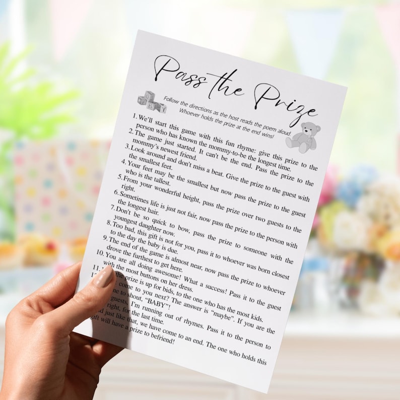 Pass the Prize Game Pass the Gift Poem Printable Baby Shower Games Left ...
