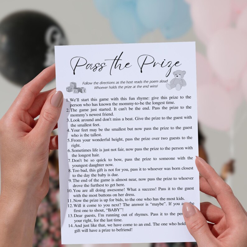 Pass the Prize Game Pass the Gift Poem Printable Baby Shower Games Left ...