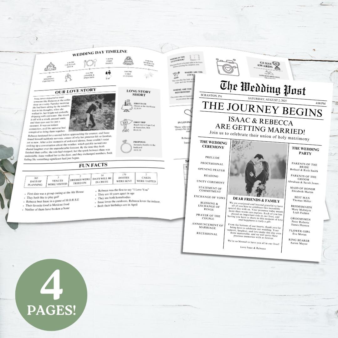 Newspaper Wedding Program Canva Template Editable Wedding Newspaper ...