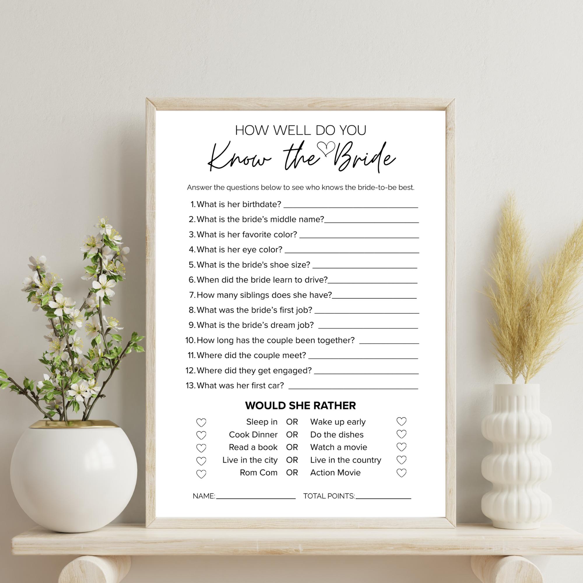 How Well Do You Know the Bride Game Bridal Shower Trivia Games Who ...