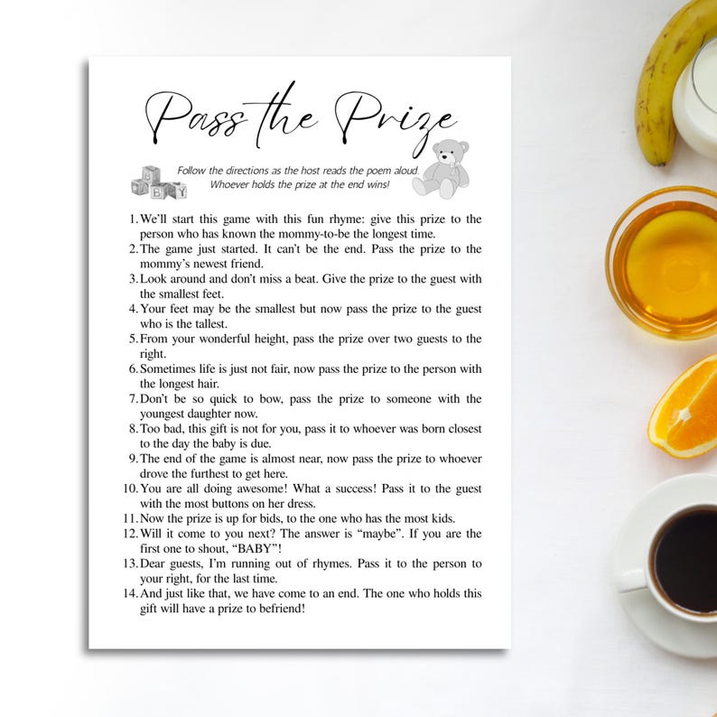 Pass the Prize Game Pass the Gift Poem Printable Baby Shower Games Left ...