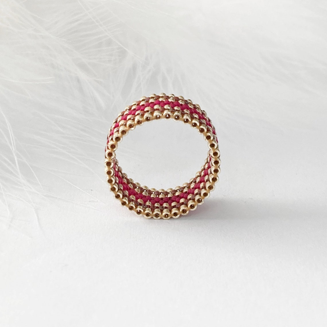Elegant Scarlet and Burgundy Bead Woven Ring With Gold Accents ...