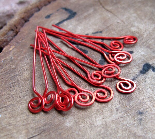 22 gauge Red Spiral Headpins. Enameled Swirl Copper Head Pins. | Etsy