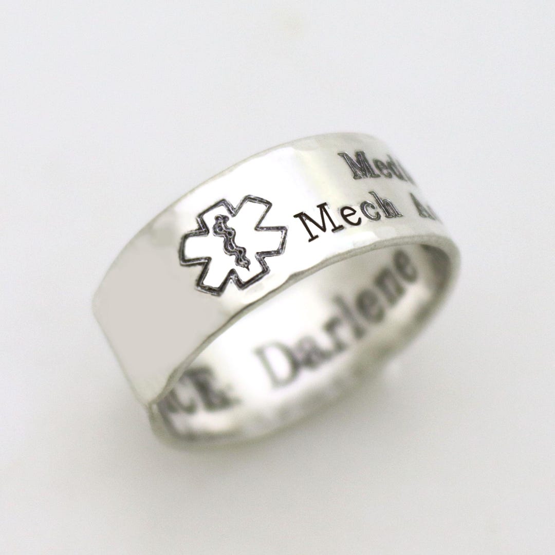 Custom Medical Alert Ring for Men / Women Wide Sterling Silver Band ...