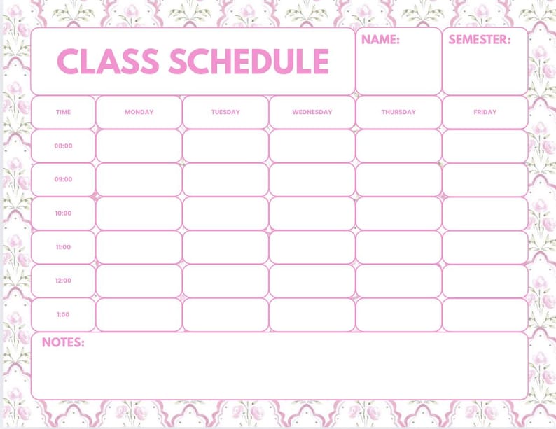Editable Class Schedule Template | Pink Floral Canva Planner | Weekly ...