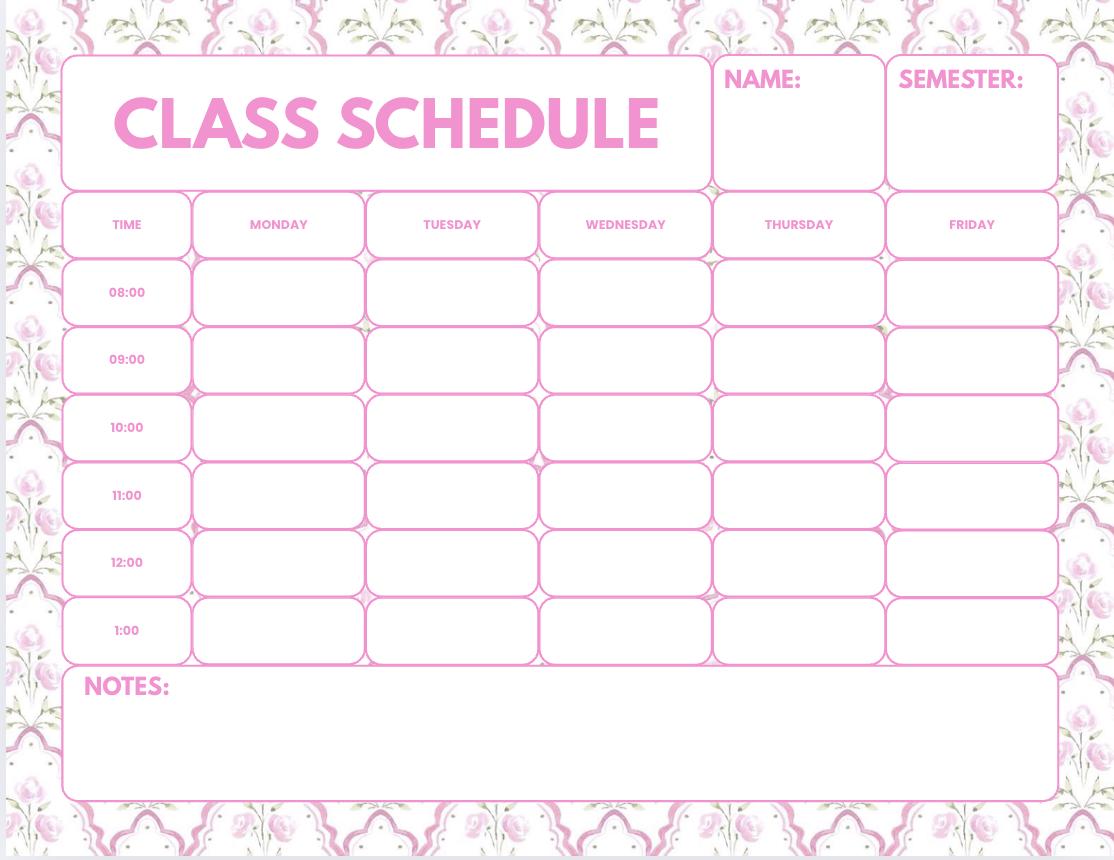 Editable Class Schedule Template | Pink Floral Canva Planner | Weekly ...