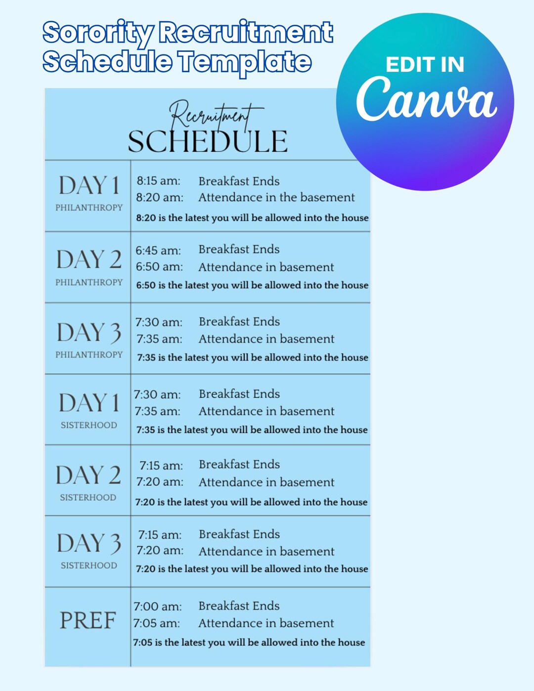 Blue Sorority Recruitment Schedule Template | Editable Canva PDF ...