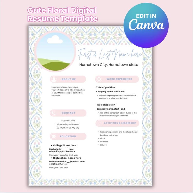 Editable Canva Resume Template for Students | Cute Floral Digital ...