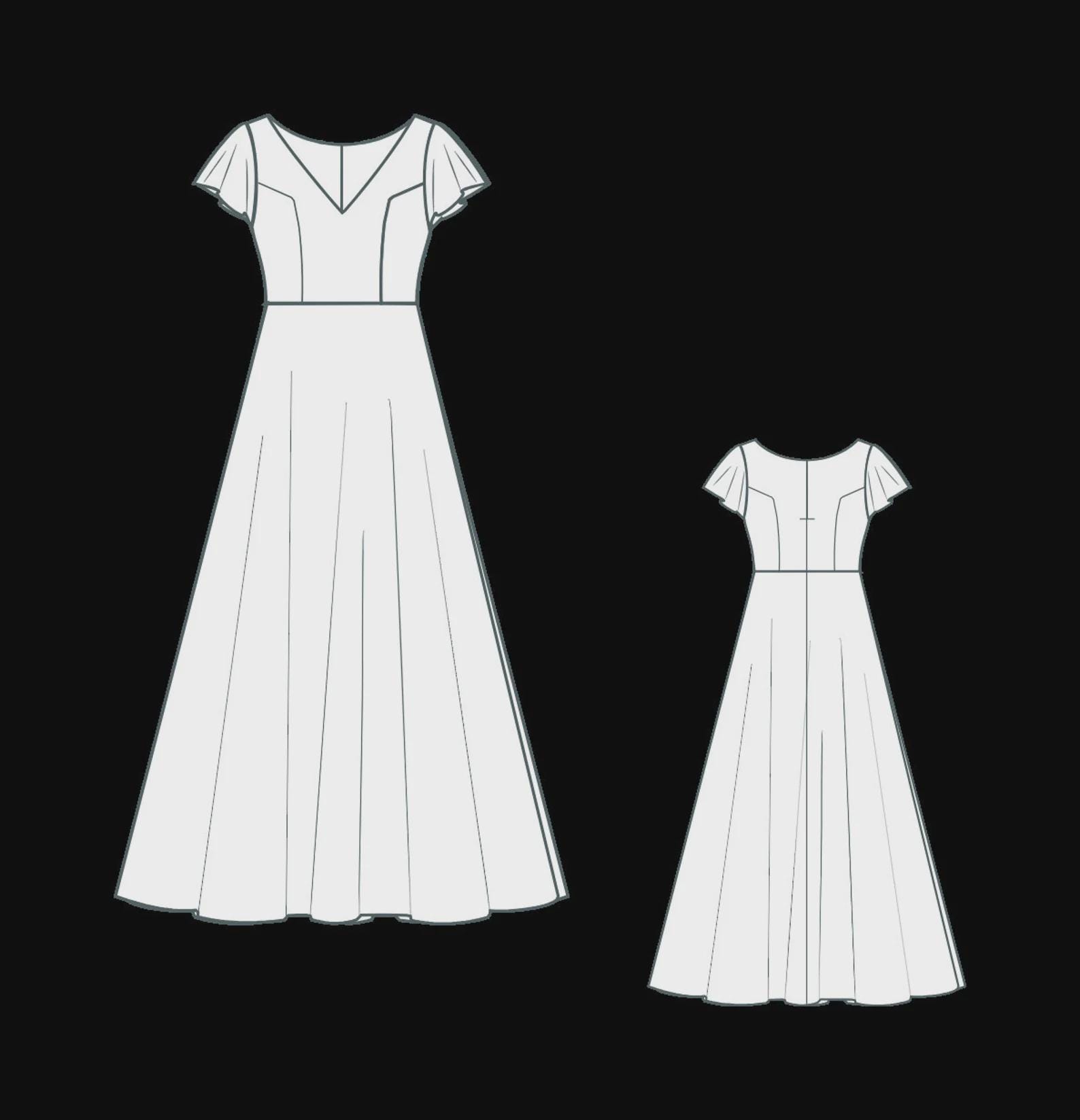 Flutter Sleeve V-neck Dress Sewing Pattern: Formal Gown (A0 A4 ...