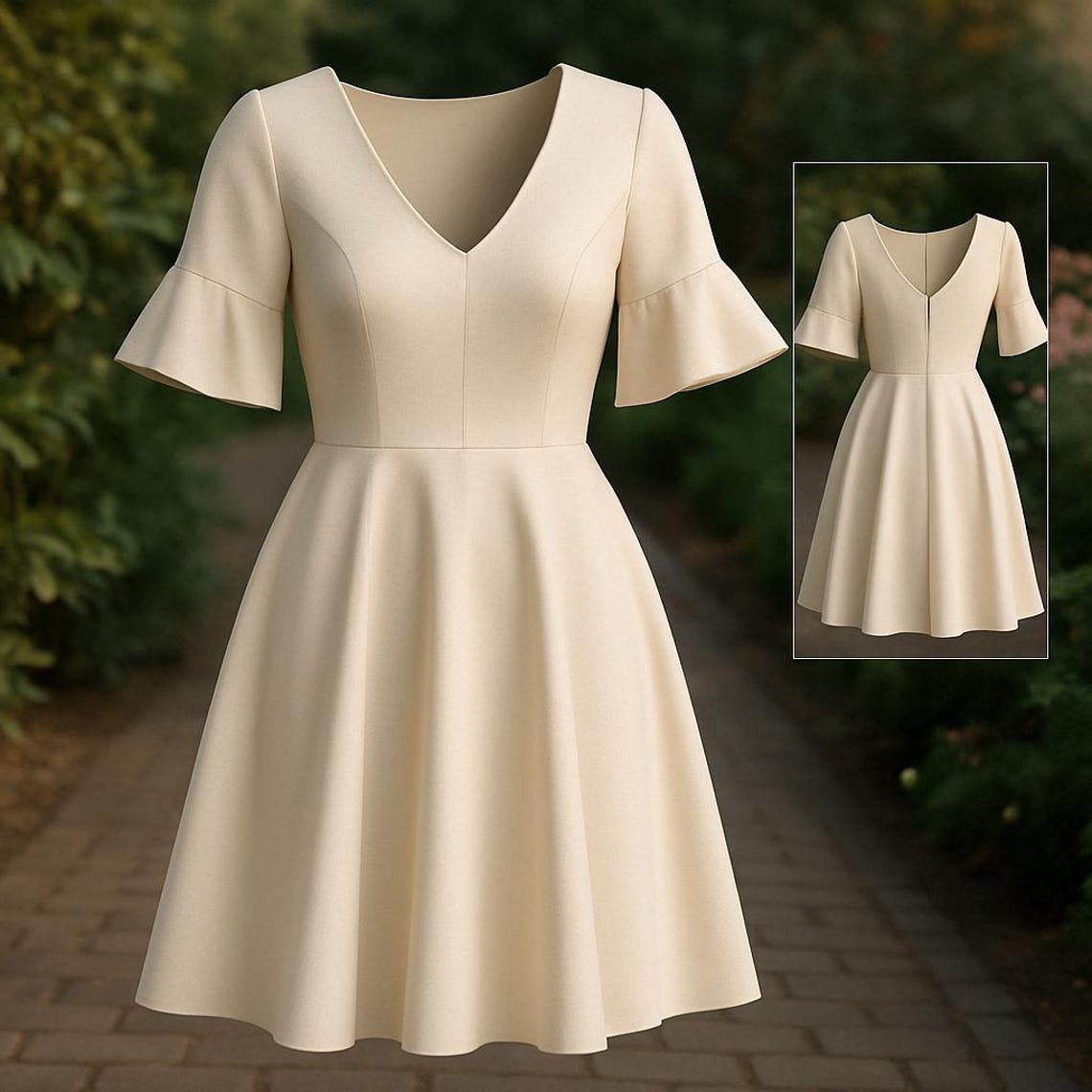 Flounce Sleeve Fit & Flare Dress Sewing Pattern: V-neck PDF (sizes 0-30 ...