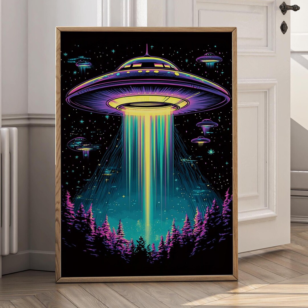 Neon Space UFO Poster - Cosmic UFO Galaxy Wall Art - Alien Abduction ...