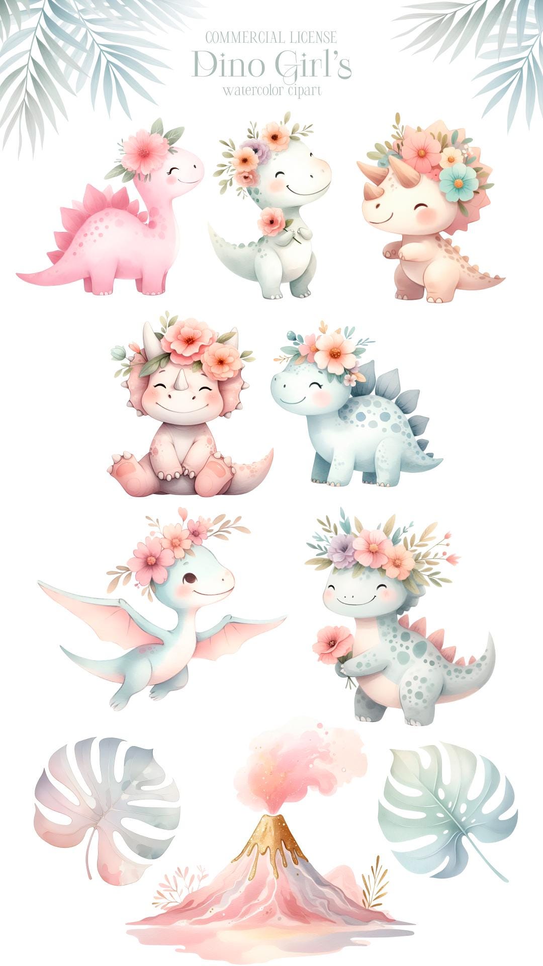 Girl Dinosaur Clipart, Watercolor Dino PNG, Dino Birthday Party ...