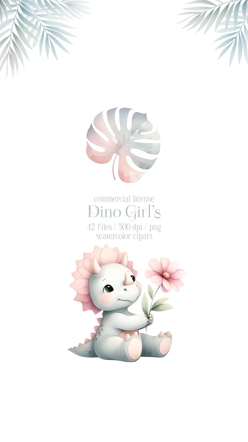 Girl Dinosaur Clipart, Watercolor Dino PNG, Dino Birthday Party ...