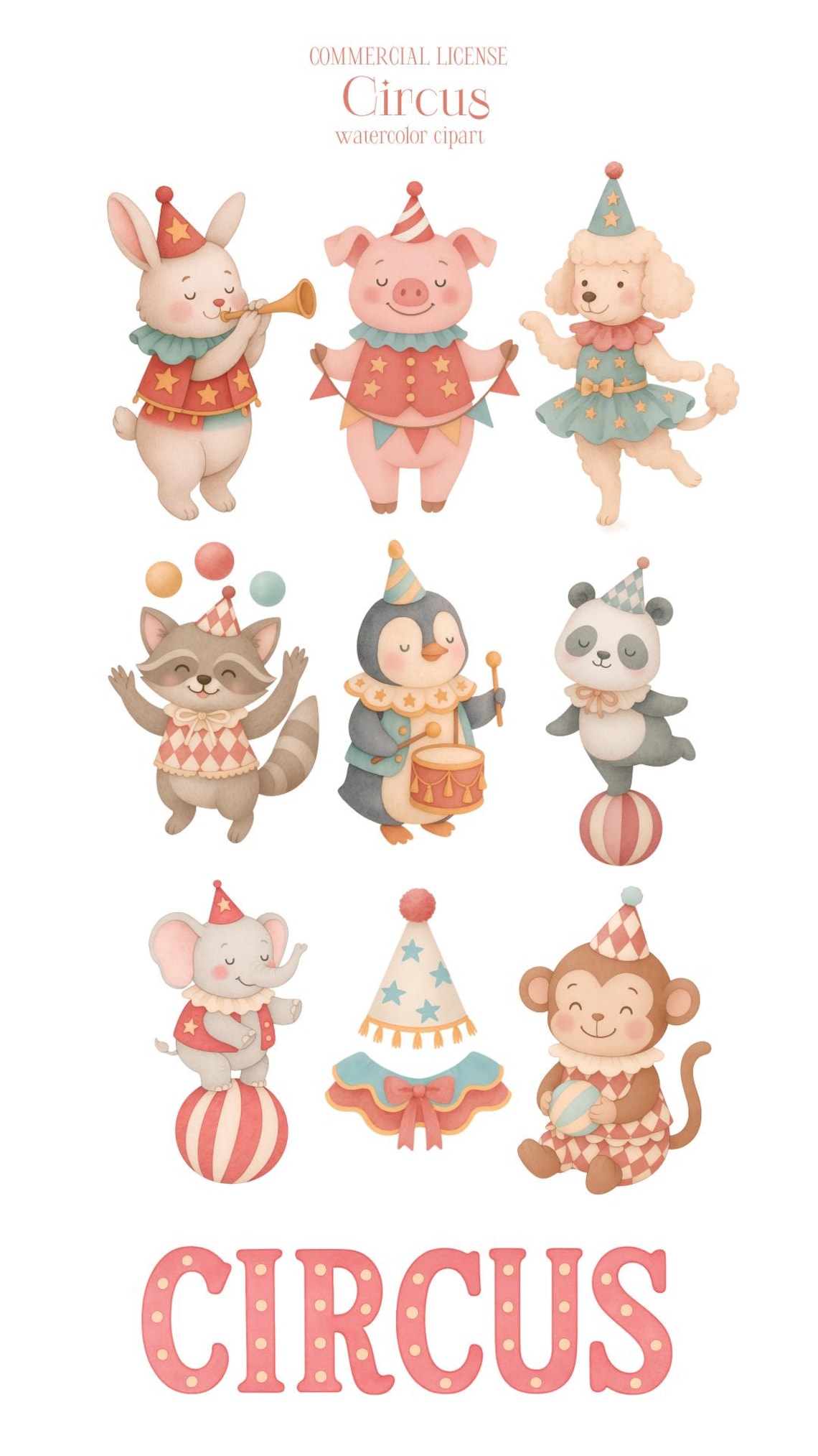 Watercolor Circus Clipart, Cute Circus Animals for Birthday, Baby ...