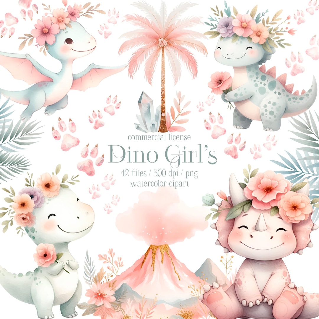 Girl Dinosaur Clipart, Watercolor Dino PNG, Dino Birthday Party ...