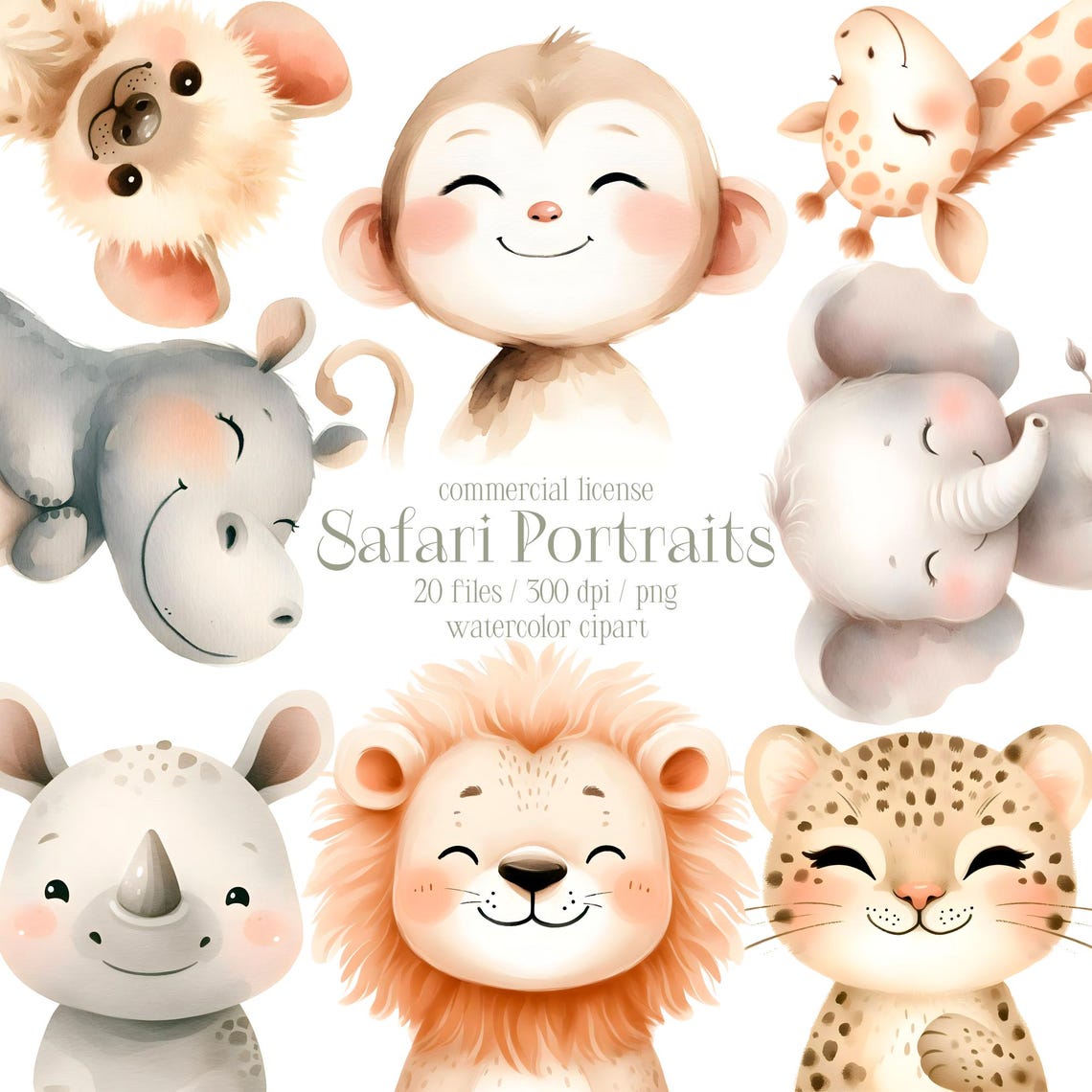 Safari Clipart, Watercolor Safari Portraits Clipart, Baby Animals, Cute ...