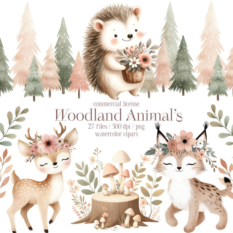 Woodland Clipart, Watercolor Woodland Animals Clipart, Cute Animals ...