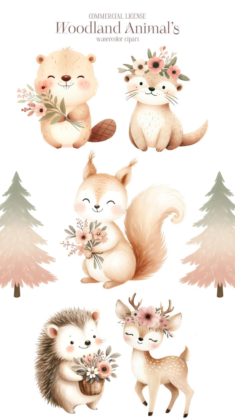 Woodland Clipart, Watercolor Woodland Animals Clipart, Cute Animals ...