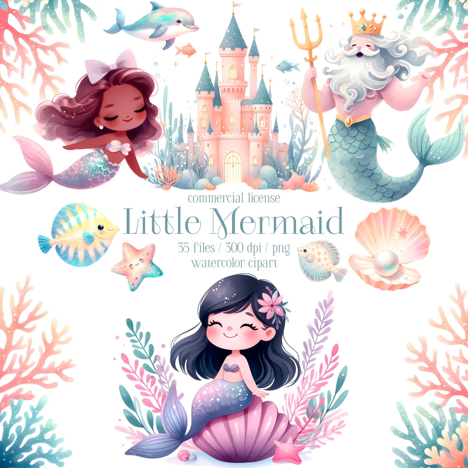 Nursery Mermaid Clipart, Cute Mermaid PNG, Under the Sea Clipart, Cute ...