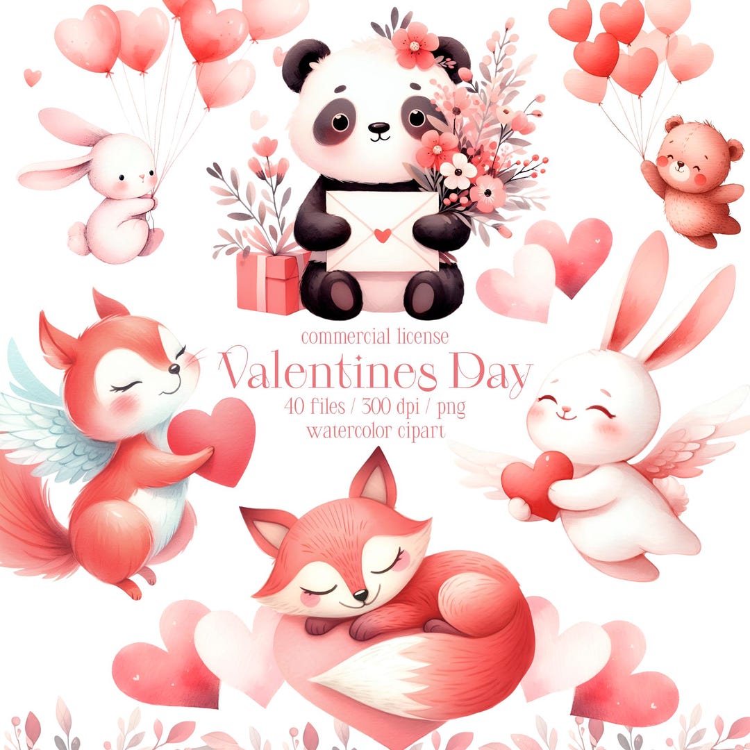 Valentine Animals Clipart, Valentine's Day Clipart, Love Decor Art ...