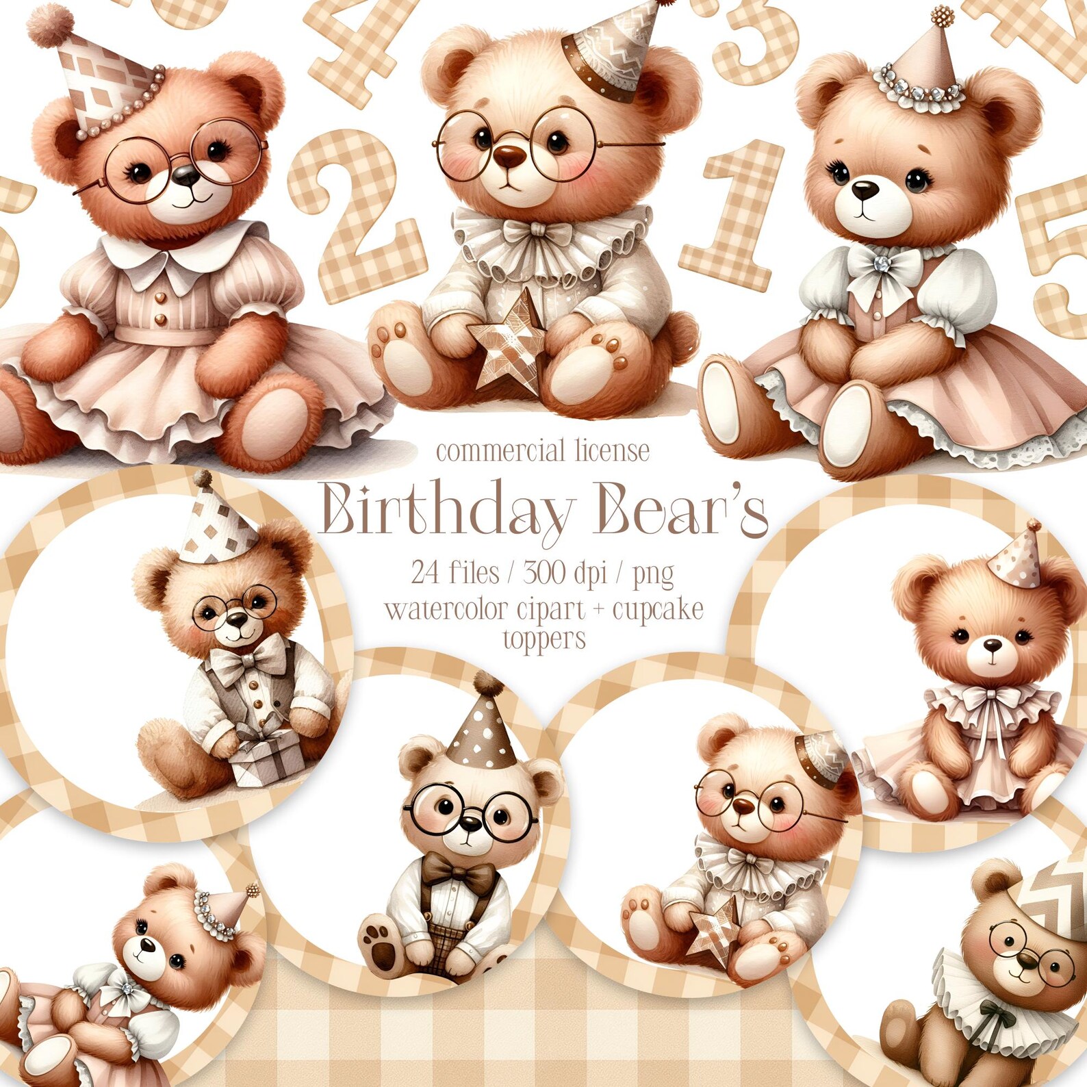 Birthday Bear Clipart, Watercolor Teddy Bear PNG, Cupcake Toppers ...