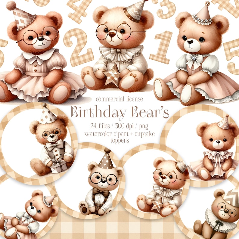 Birthday Bear Clipart, Watercolor Teddy Bear PNG, Cupcake Toppers ...
