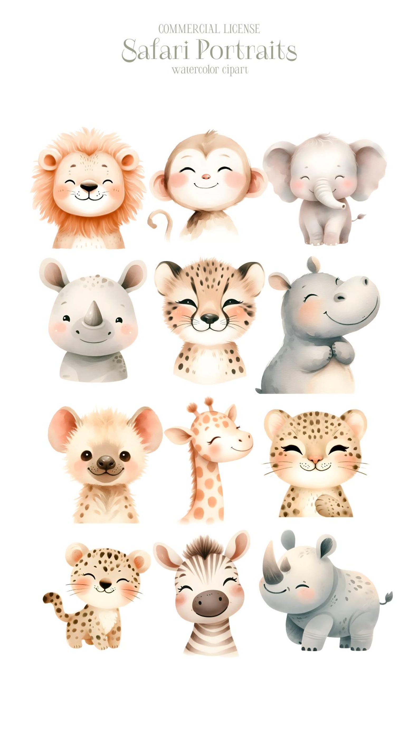 Safari Clipart, Watercolor Safari Portraits Clipart, Baby Animals, Cute ...